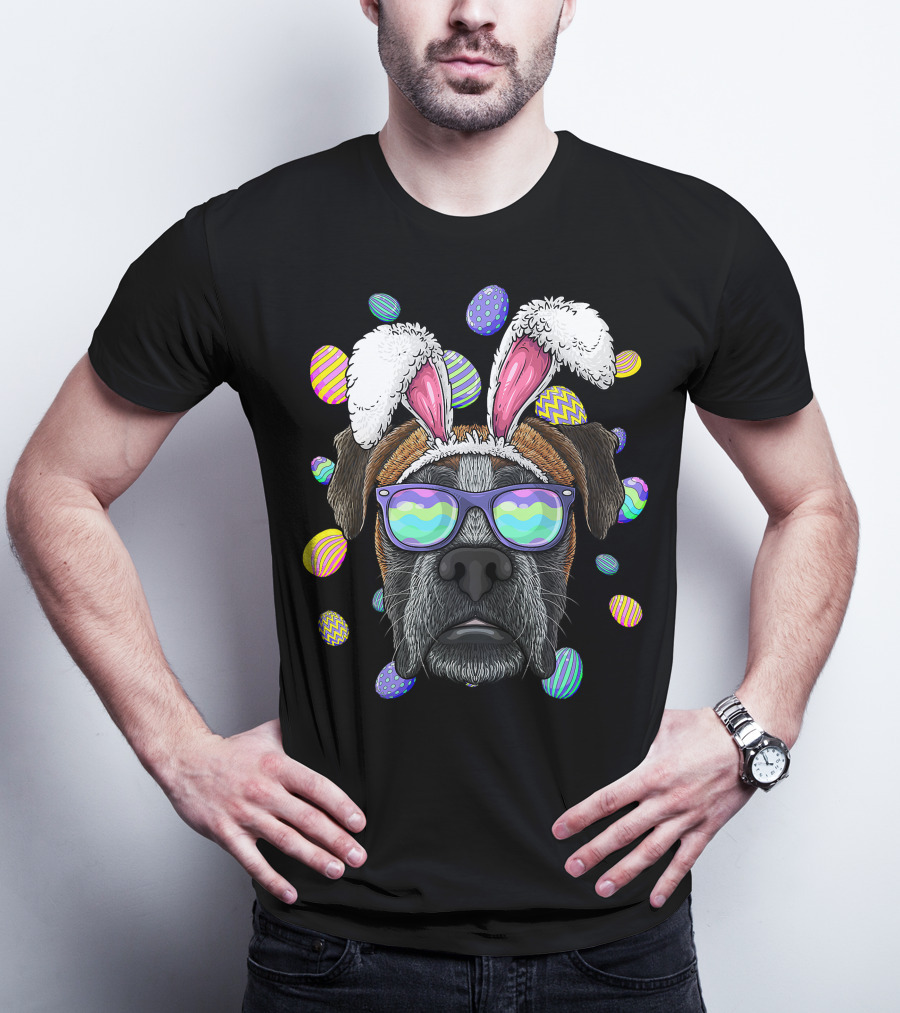 Boxer Dog With Bunny Ears And Sunglasses Surrounded By Colorful Easter Eggs T-Shirt