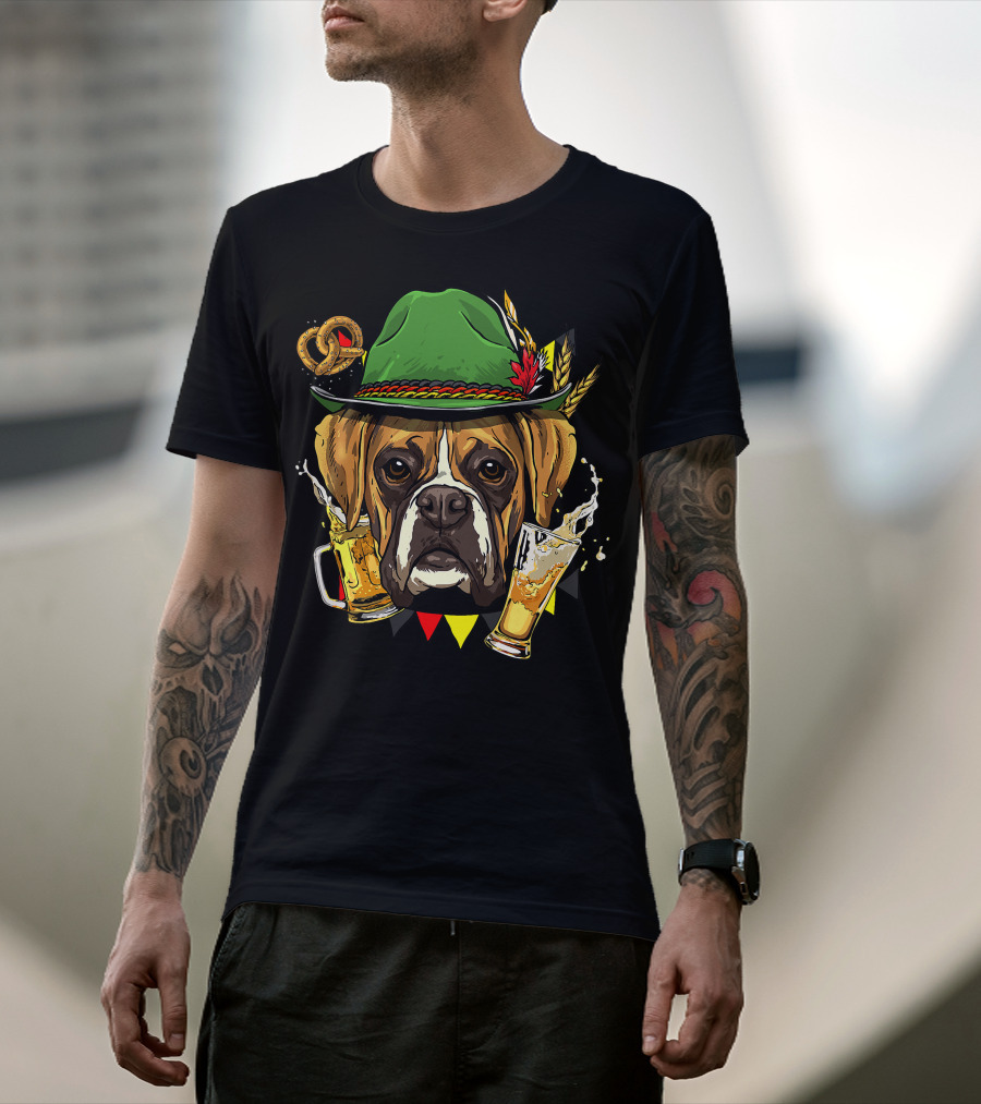 Oktoberfest Boxer Dog Lederhosen Beer Pretzel Hat T-Shirt