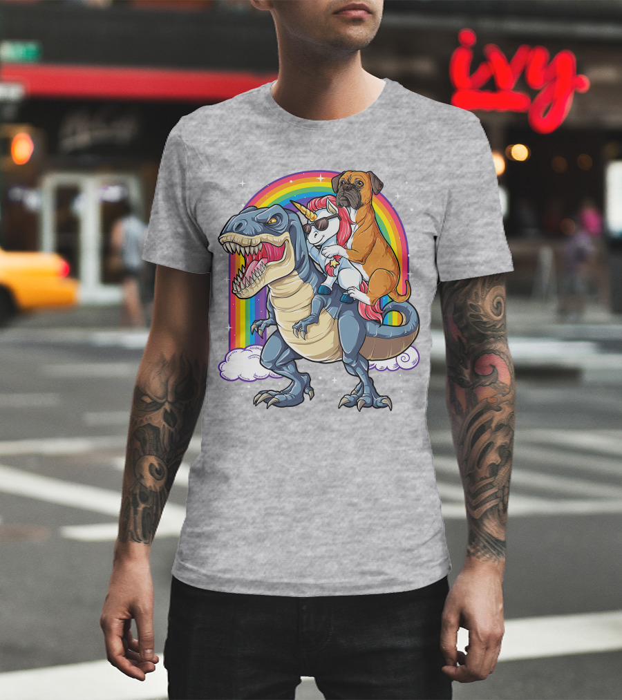 Boxer Riding Dinosaur Unicorn T-Shirt