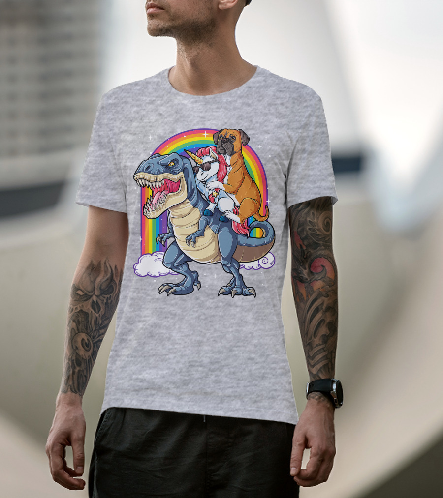 Boxer Riding Dinosaur Unicorn T-Shirt