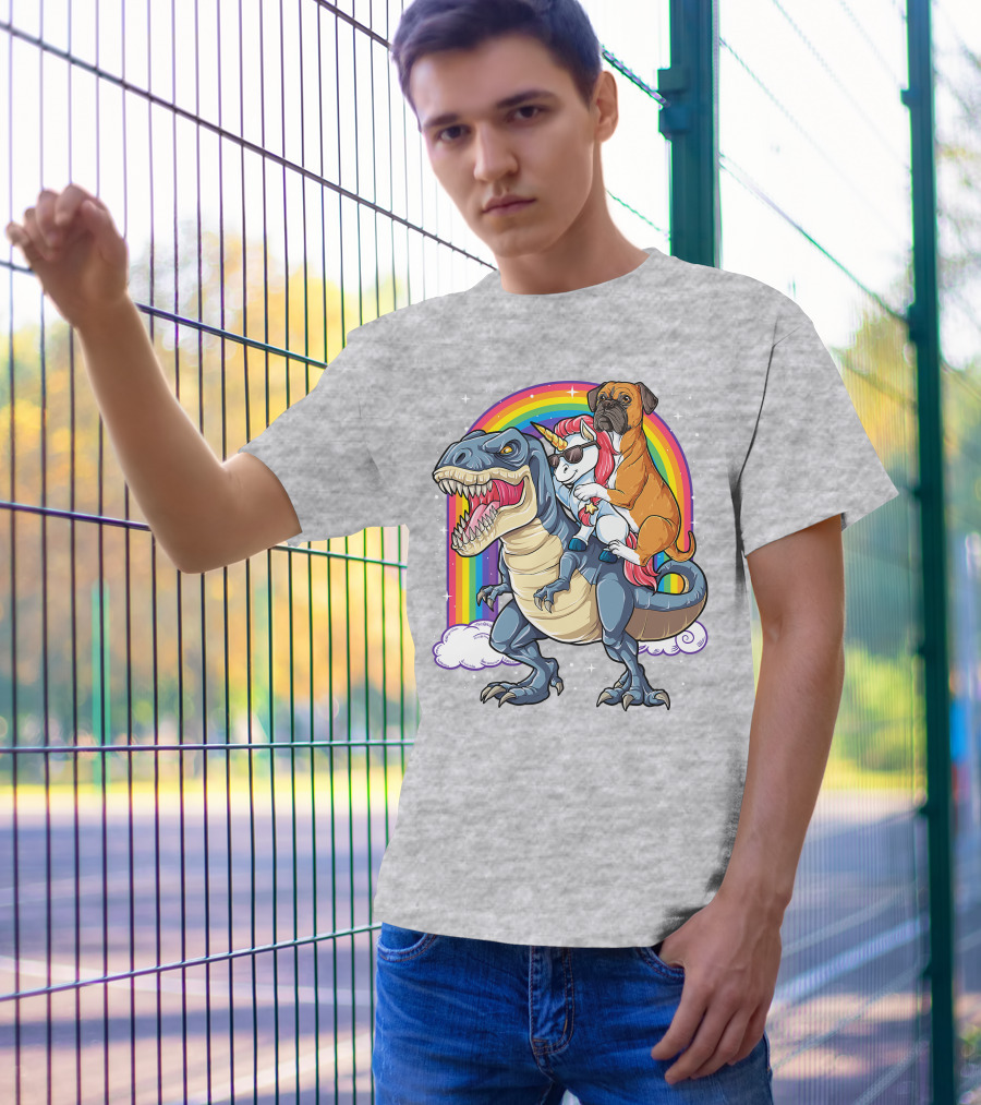 Boxer Riding Dinosaur Unicorn T-Shirt