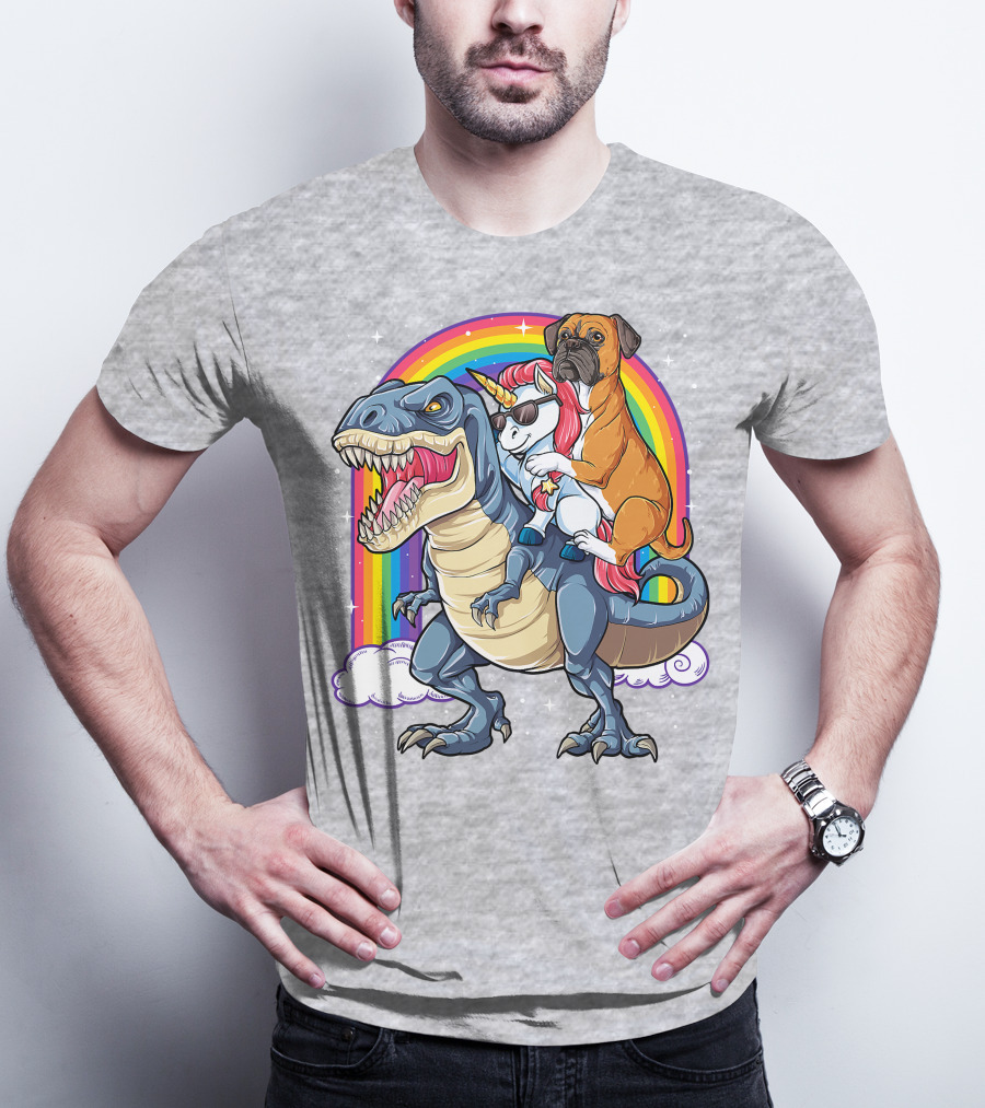 Boxer Riding Dinosaur Unicorn T-Shirt