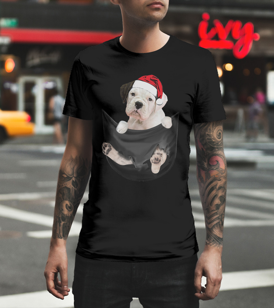 White Boxer Dog Santa Hat Christmas Pocket Mid-Length T-Shirt