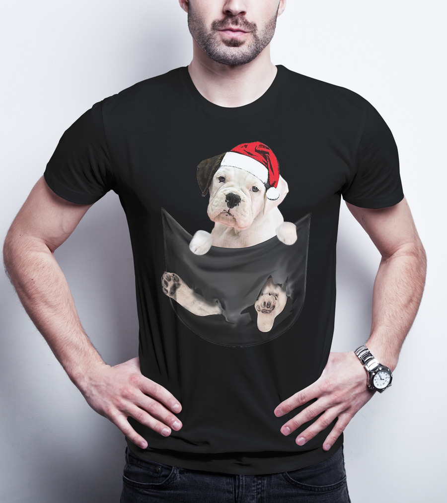 White Boxer Dog Santa Hat Christmas Pocket Mid-Length T-Shirt