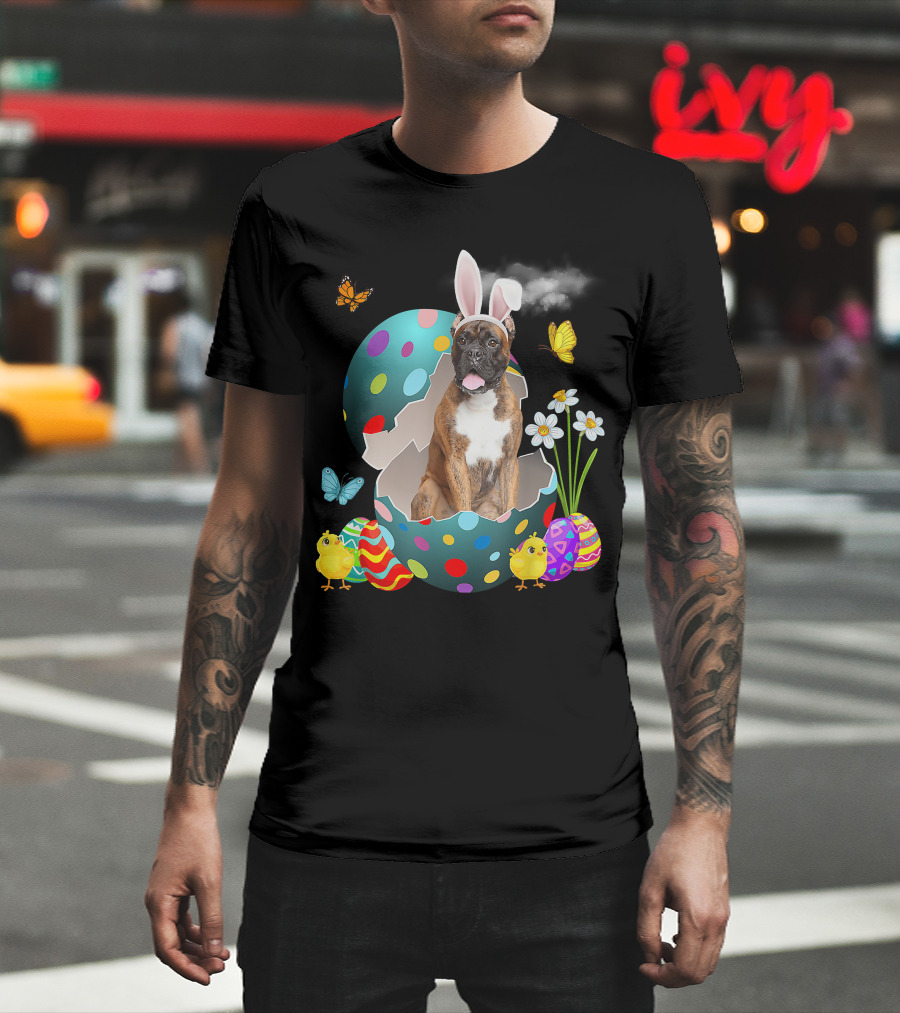 Bunny Boxer Dog With Easter Eggs Chicks Butterflies And Flowers T-Shirt