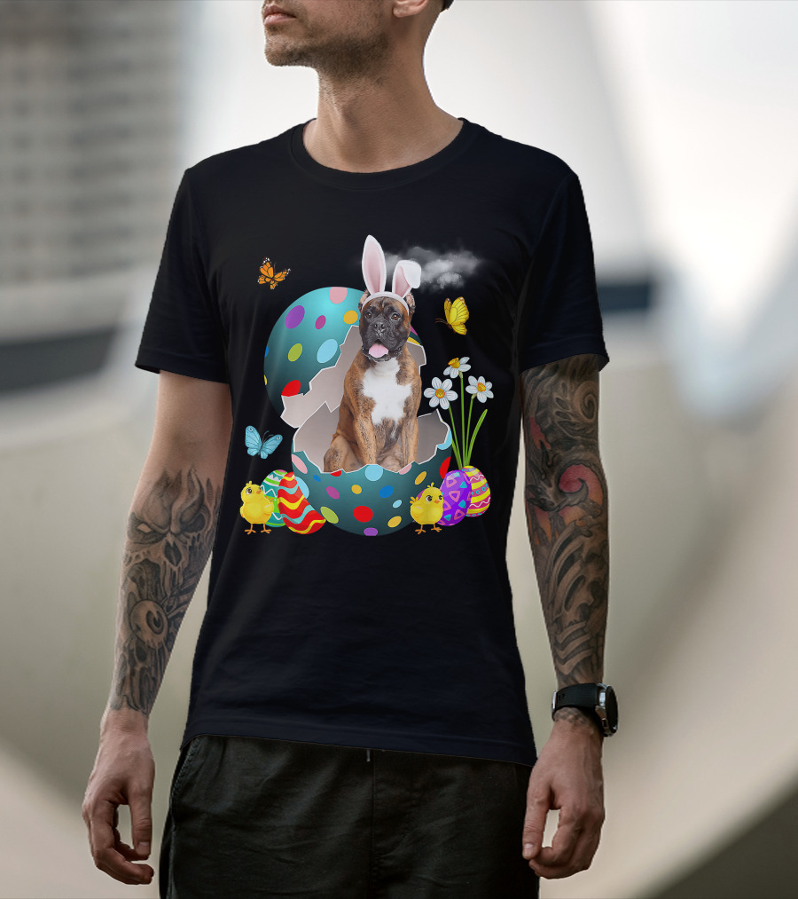 Bunny Boxer Dog With Easter Eggs Chicks Butterflies And Flowers T-Shirt