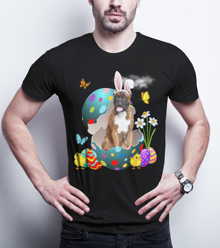 Bunny Boxer Dog With Easter Eggs Chicks Butterflies And Flowers T-Shirt