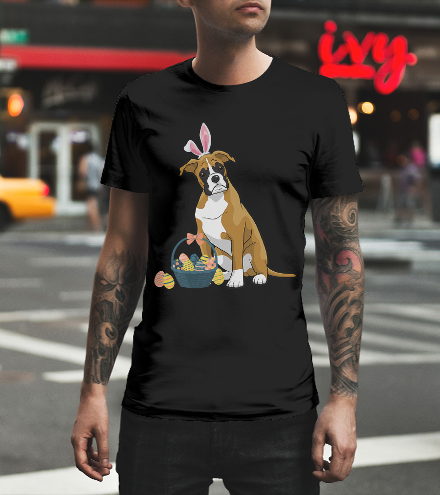 Bunny Ears Boxer Dog Cute Doge Rabbit With Easter Eggs Basket T-Shirt