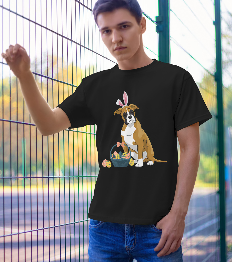 Bunny Ears Boxer Dog Cute Doge Rabbit With Easter Eggs Basket T-Shirt