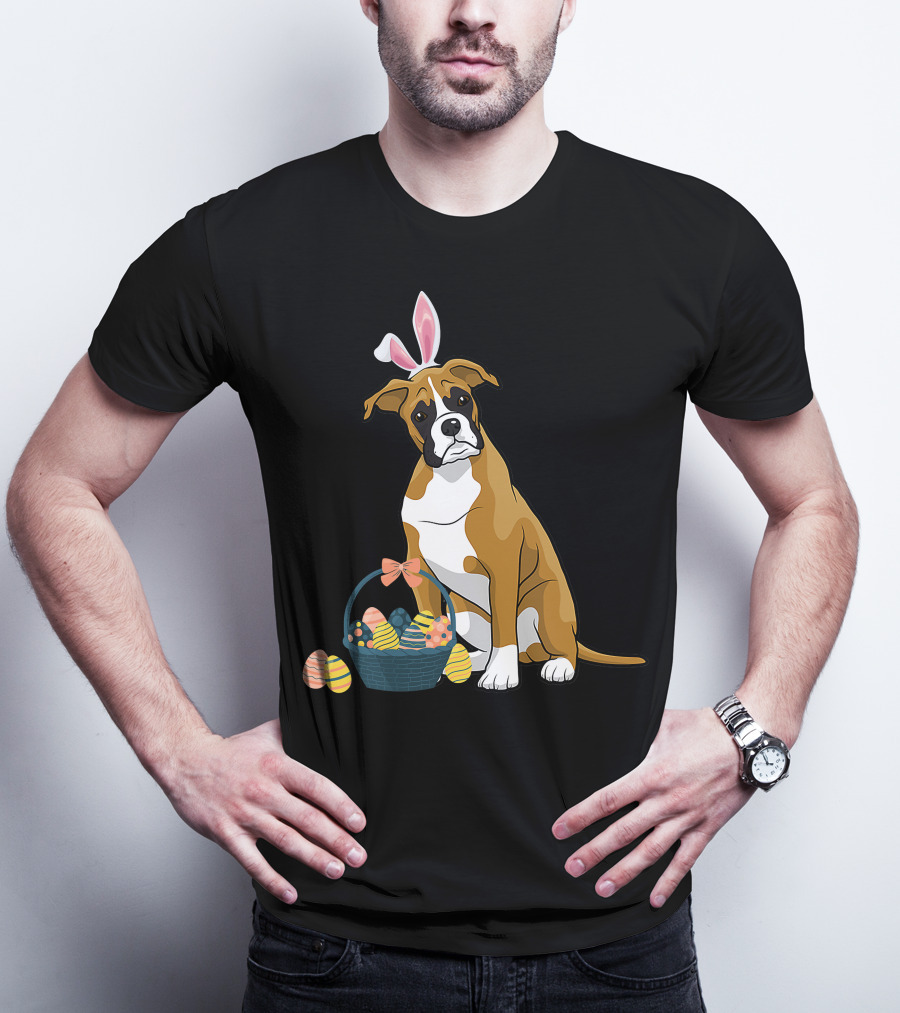 Bunny Ears Boxer Dog Cute Doge Rabbit With Easter Eggs Basket T-Shirt