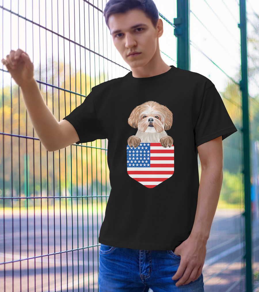 Shih Tzu Dog In American Flag Pocket T-Shirt