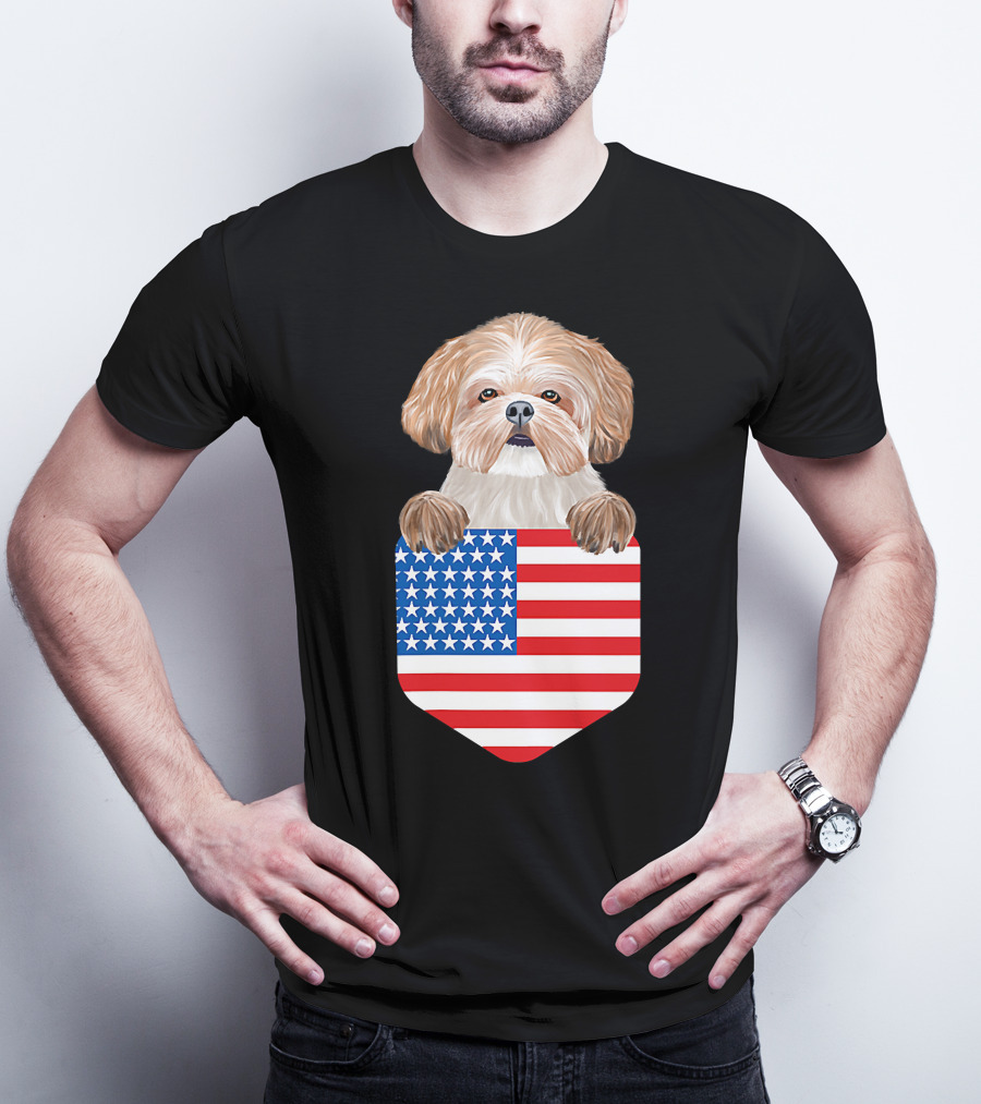 Shih Tzu Dog In American Flag Pocket T-Shirt