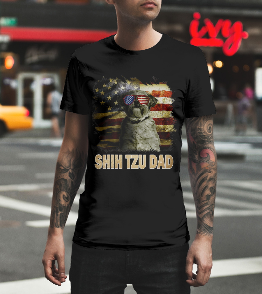 Shih Tzu Dad American Flag Glasses Patriotic Dog Holiday T-Shirt
