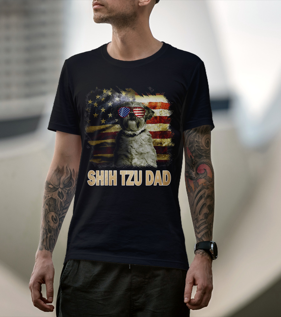 Shih Tzu Dad American Flag Glasses Patriotic Dog Holiday T-Shirt