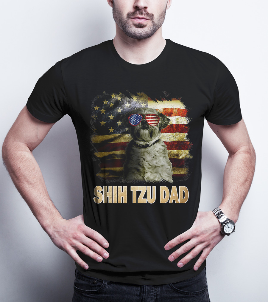 Shih Tzu Dad American Flag Glasses Patriotic Dog Holiday T-Shirt