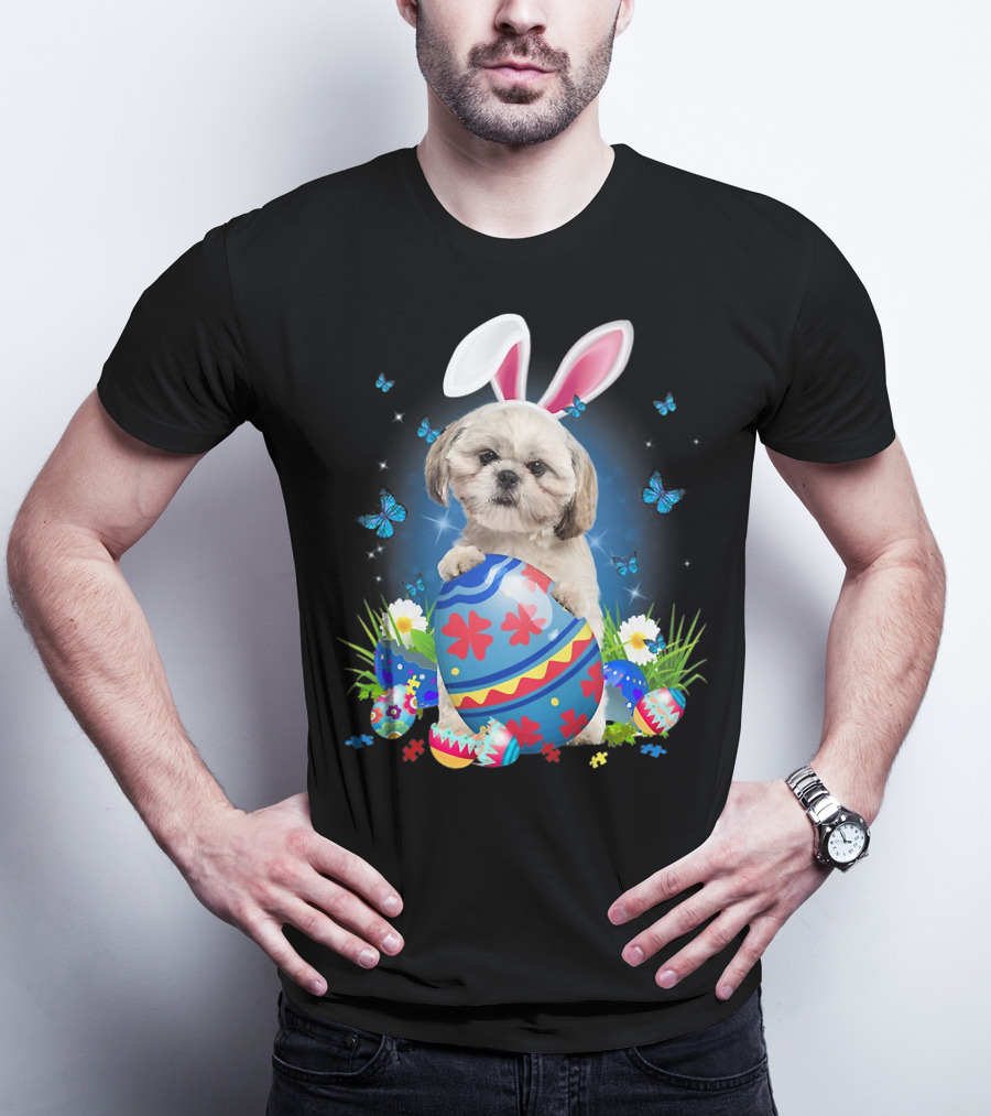 Easter Bunny Shih Tzu With Egg Basket And Flowers T-Shirt