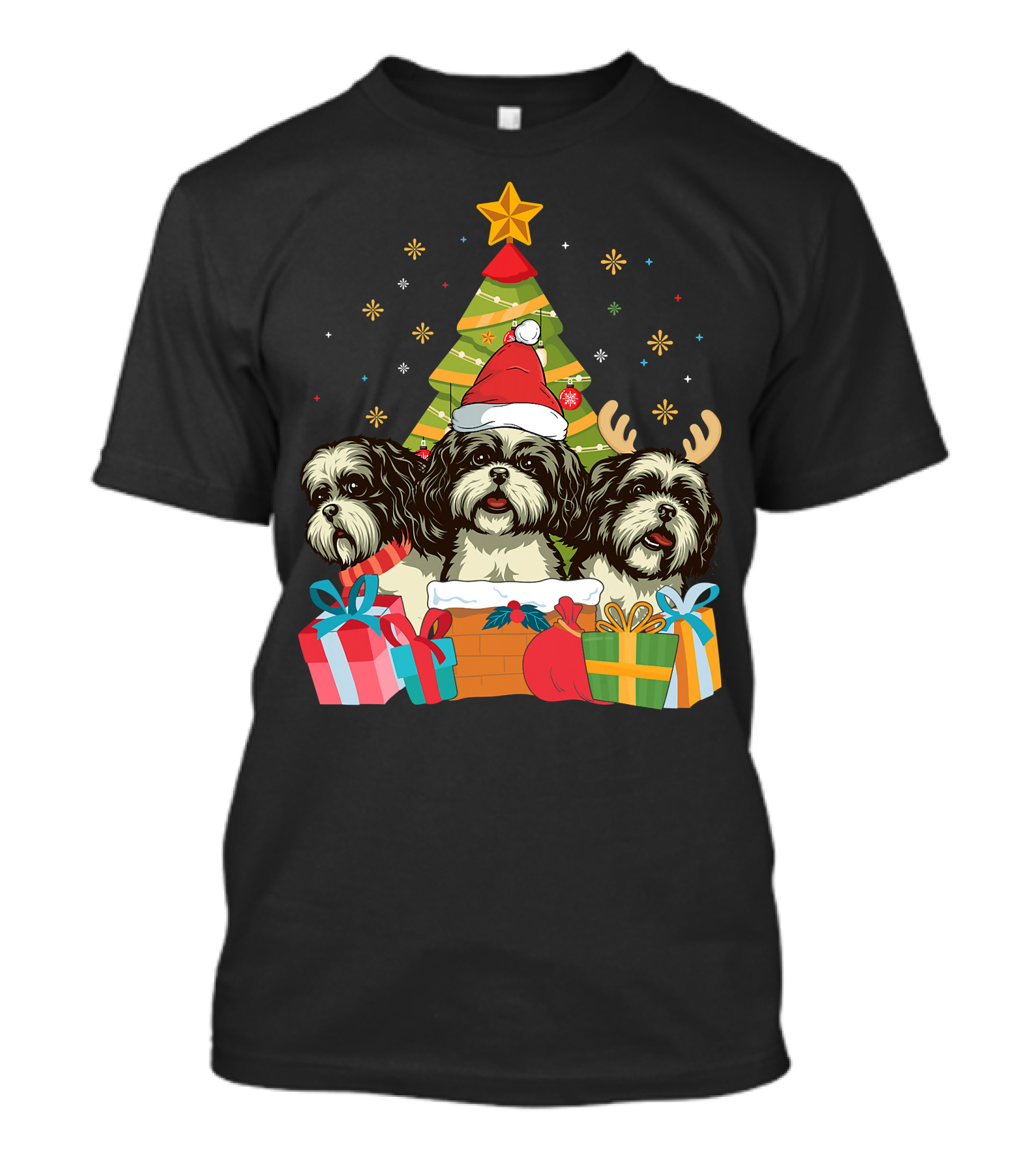 Christmas Shih Tzu Dogs With Santa Hat And Antlers By Xmas Tree T-Shirt