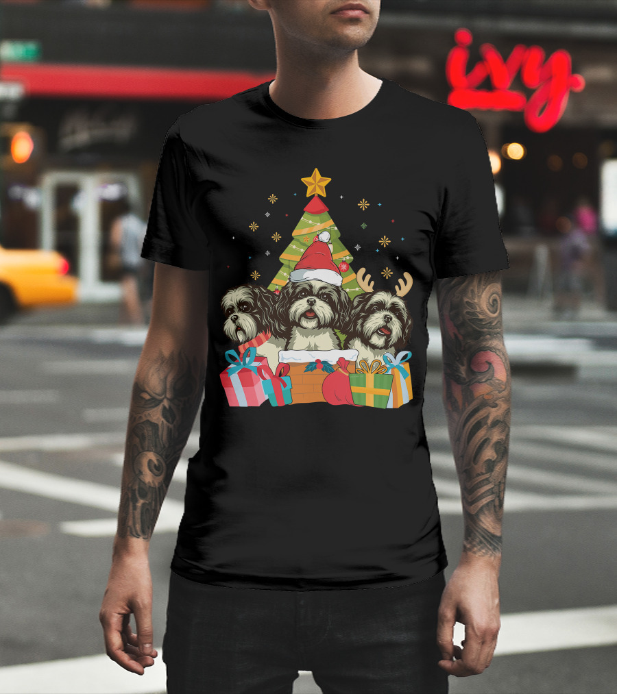 Christmas Shih Tzu Dogs With Santa Hat And Antlers By Xmas Tree T-Shirt