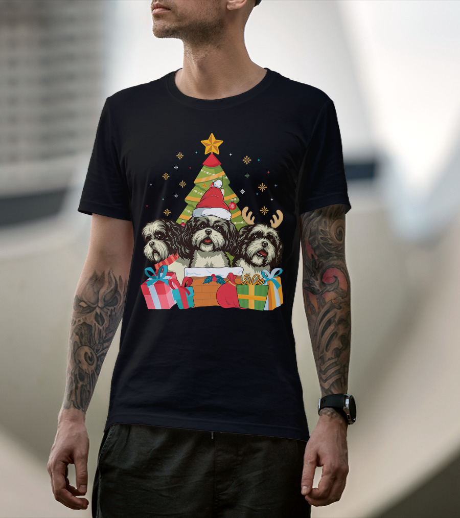 Christmas Shih Tzu Dogs With Santa Hat And Antlers By Xmas Tree T-Shirt