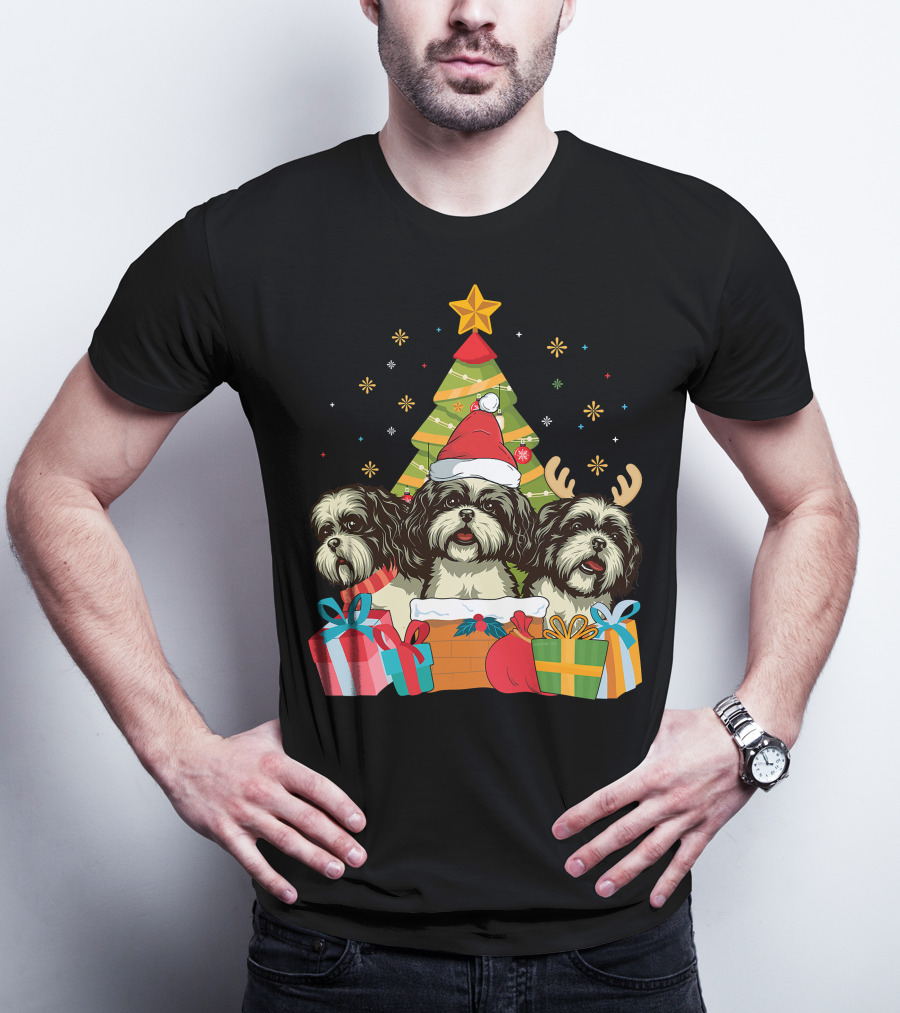 Christmas Shih Tzu Dogs With Santa Hat And Antlers By Xmas Tree T-Shirt