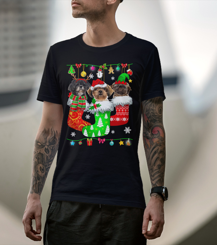 Christmas Shih Tzu Dogs In Festive Holiday Socks Pajama Lover T-Shirt