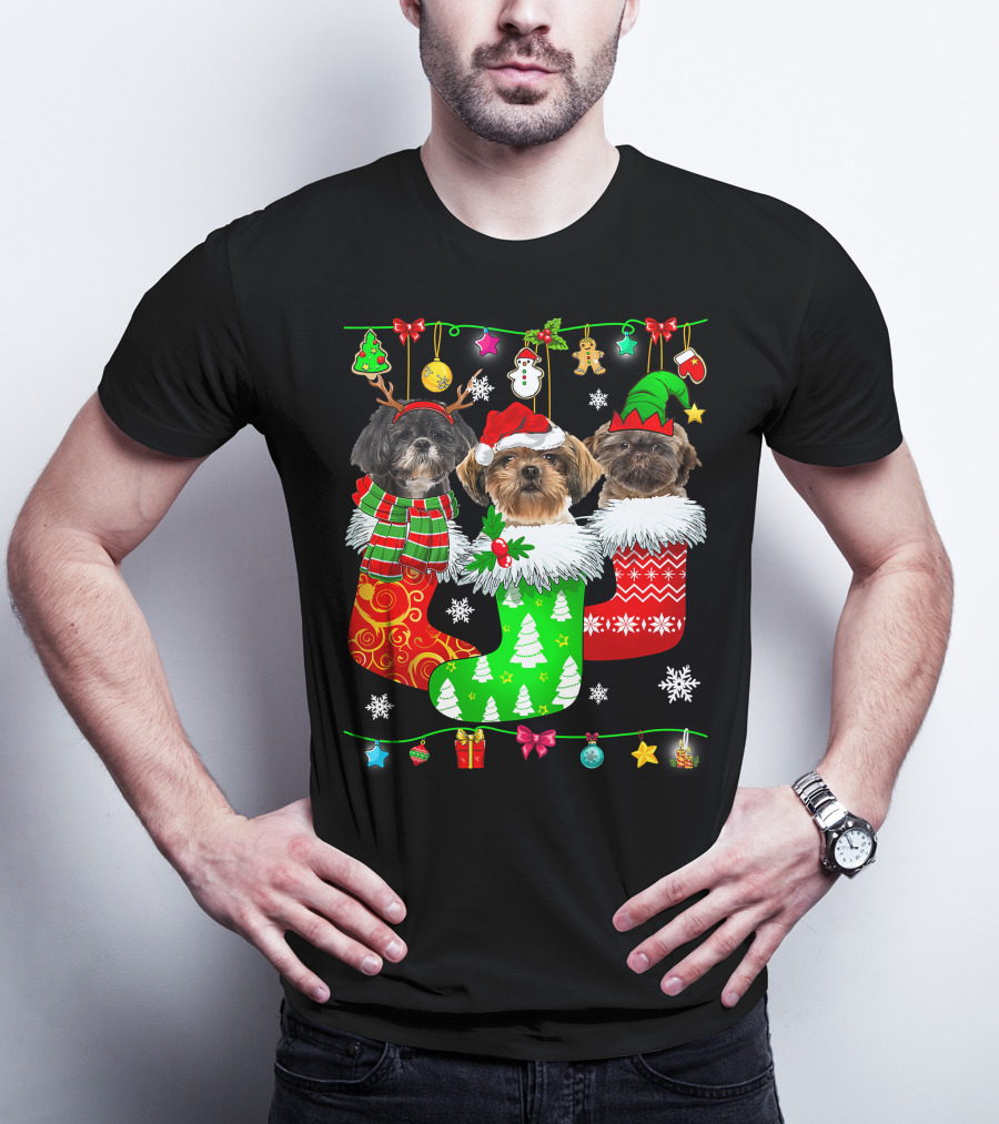 Christmas Shih Tzu Dogs In Festive Holiday Socks Pajama Lover T-Shirt