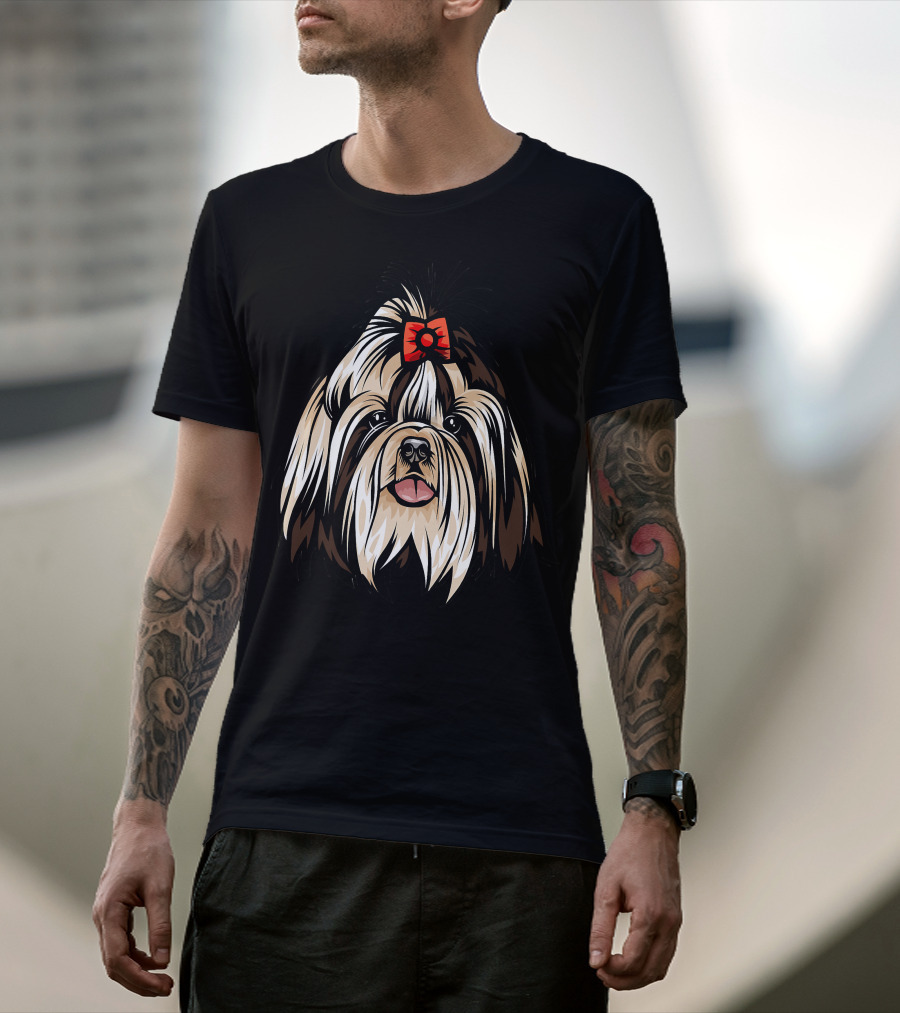 Cool Shih Tzu Face Red Bow Detailed T-Shirt