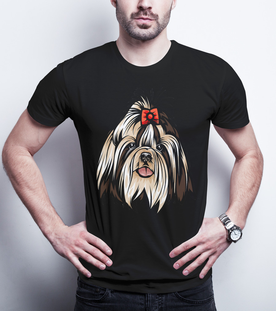 Cool Shih Tzu Face Red Bow Detailed T-Shirt