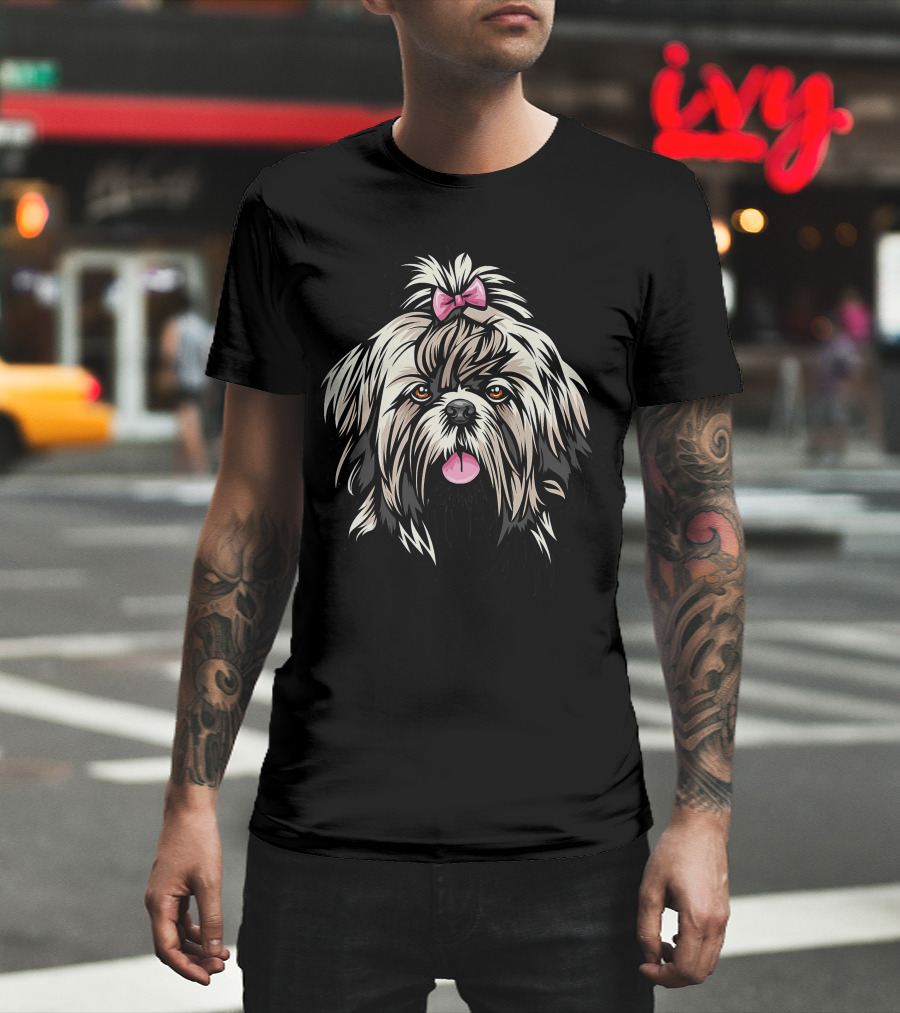 Cool Shih Tzu Face Pink Bow Cartoon T-Shirt