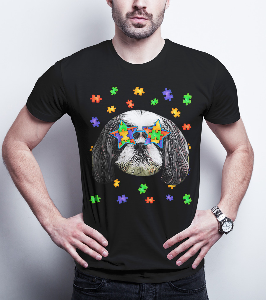 Autism Shih Tzu Dog Wearing Star Puzzle Piece Sunglasses With Colorful Pet Puzzle Surrounding T-Shirt