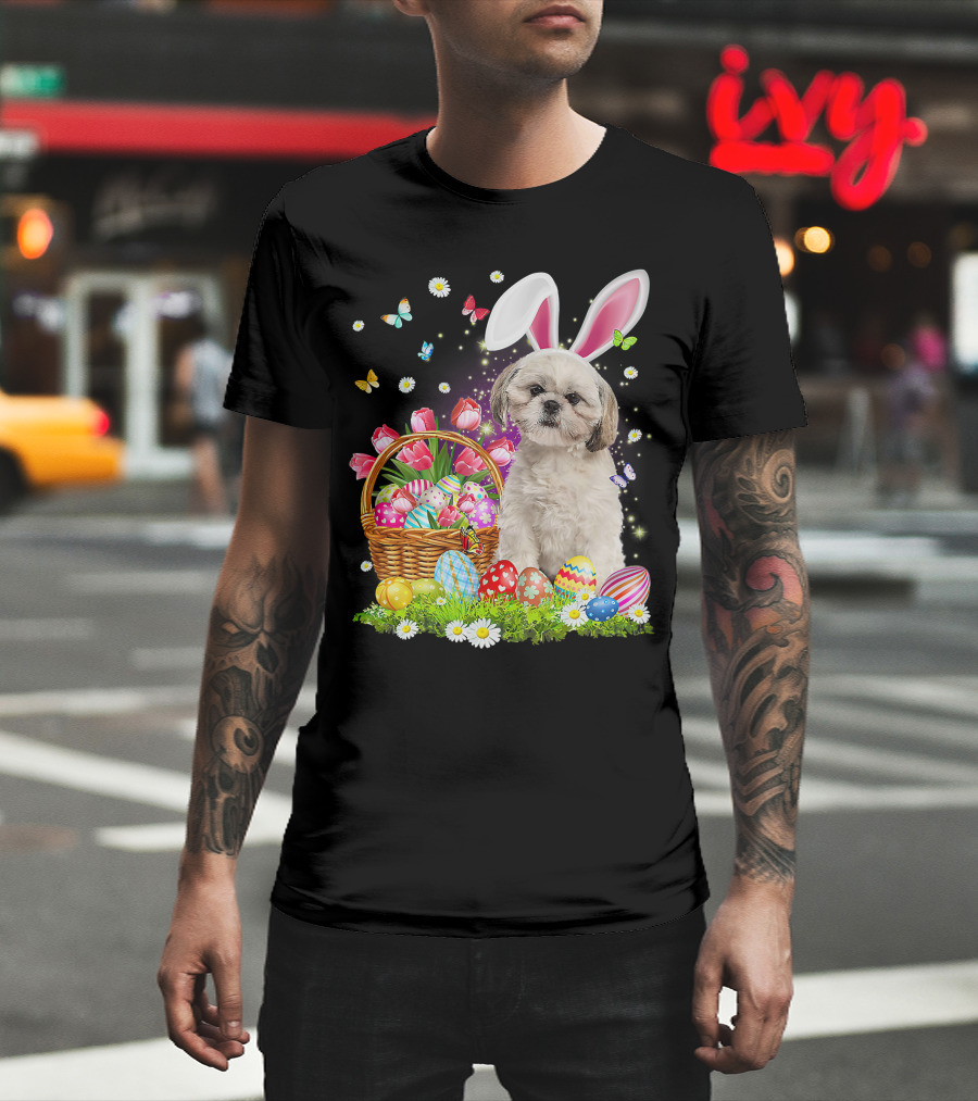 Shih Tzu Bunny Ears With Easter Eggs And Flower Basket T-Shirt