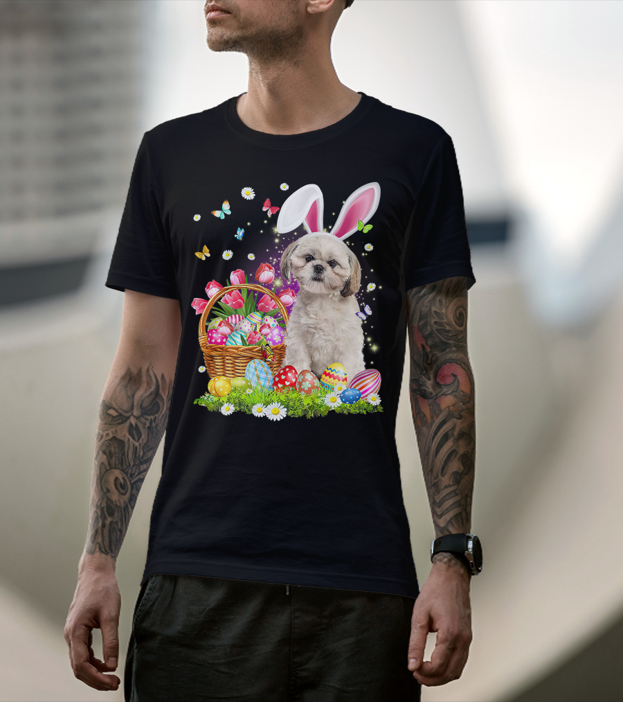 Shih Tzu Bunny Ears With Easter Eggs And Flower Basket T-Shirt