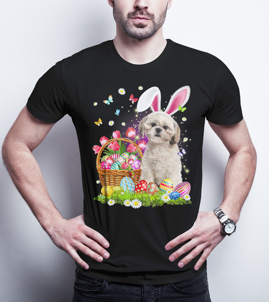 Shih Tzu Bunny Ears With Easter Eggs And Flower Basket T-Shirt