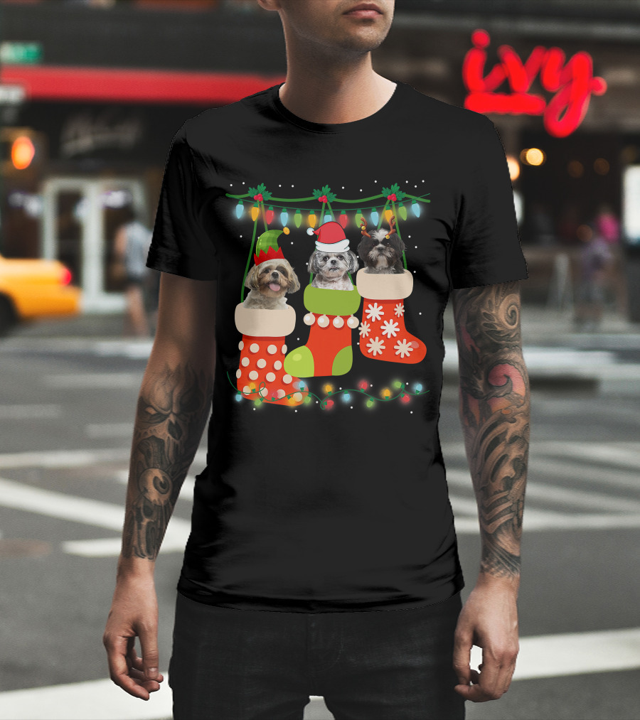 Cute Christmas Shih Tzu In Sock With Santa Hat Reindeer Antlers And Elf Hat T-Shirt