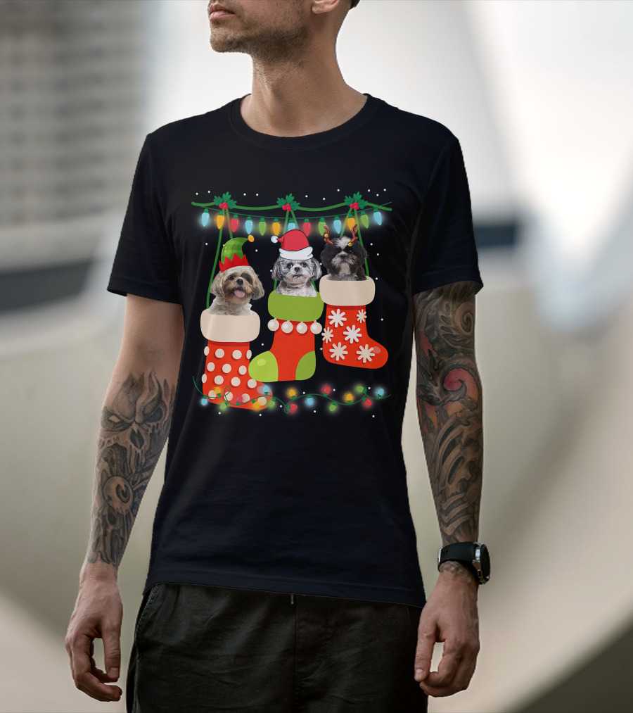 Cute Christmas Shih Tzu In Sock With Santa Hat Reindeer Antlers And Elf Hat T-Shirt