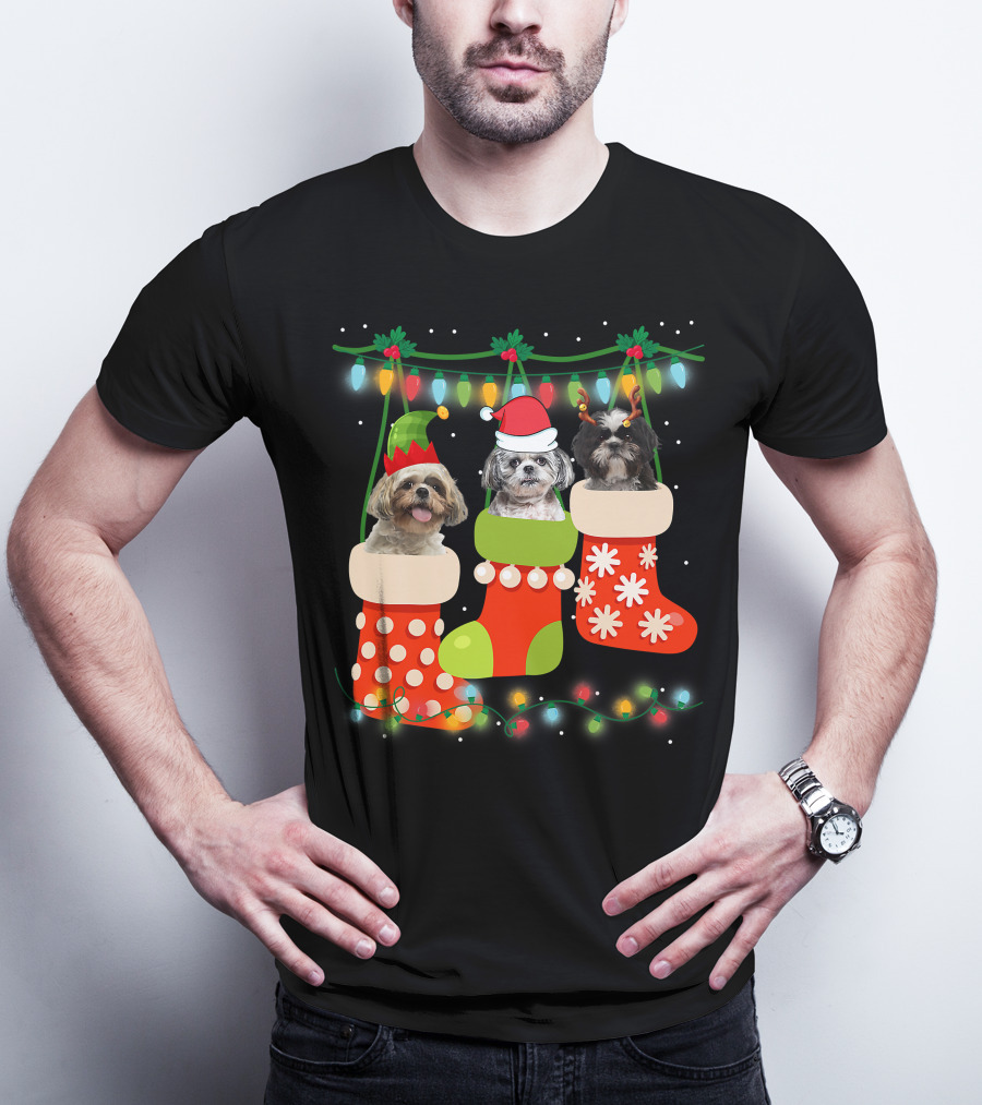 Cute Christmas Shih Tzu In Sock With Santa Hat Reindeer Antlers And Elf Hat T-Shirt