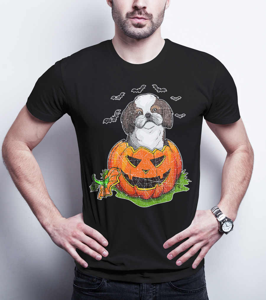 Cute Shih Tzu In Halloween Pumpkin With Bats T-Shirt