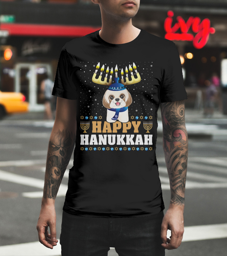 Cute Menorah Chanukah Funny Shih Tzu Happy Hanukkah T-Shirt