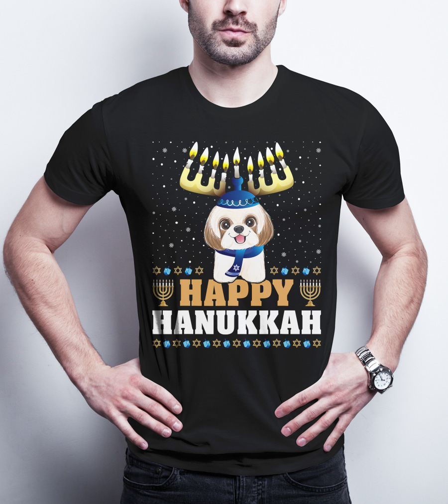 Cute Menorah Chanukah Funny Shih Tzu Happy Hanukkah T-Shirt