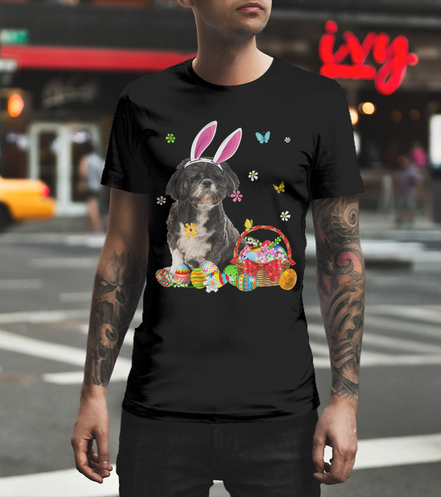 Shih Tzu Happy Easter Dog Lover Bunny Ears And Easter Egg Basket T-Shirt