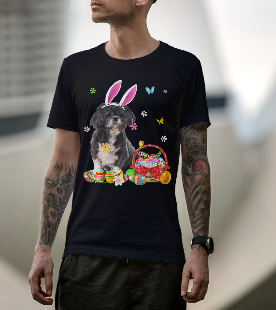 Shih Tzu Happy Easter Dog Lover Bunny Ears And Easter Egg Basket T-Shirt