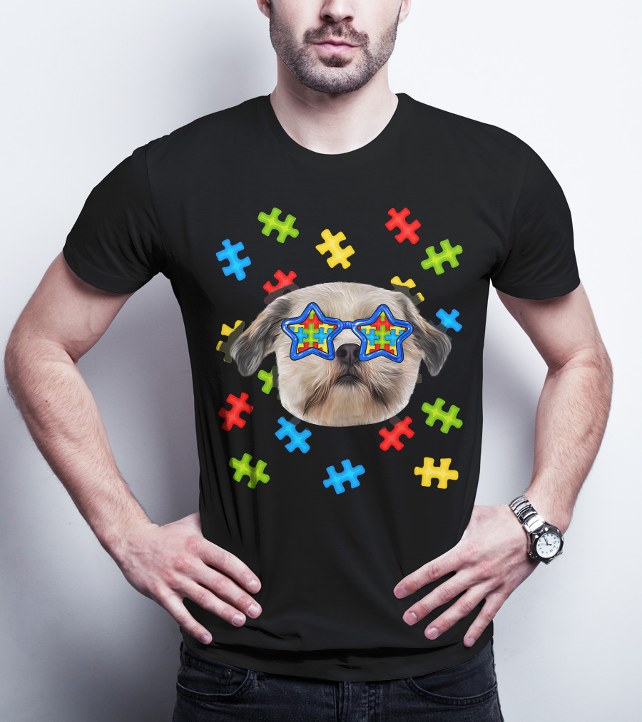 Shih Tzu Puppies Autism Puzzle Star Sunglasses T-Shirt
