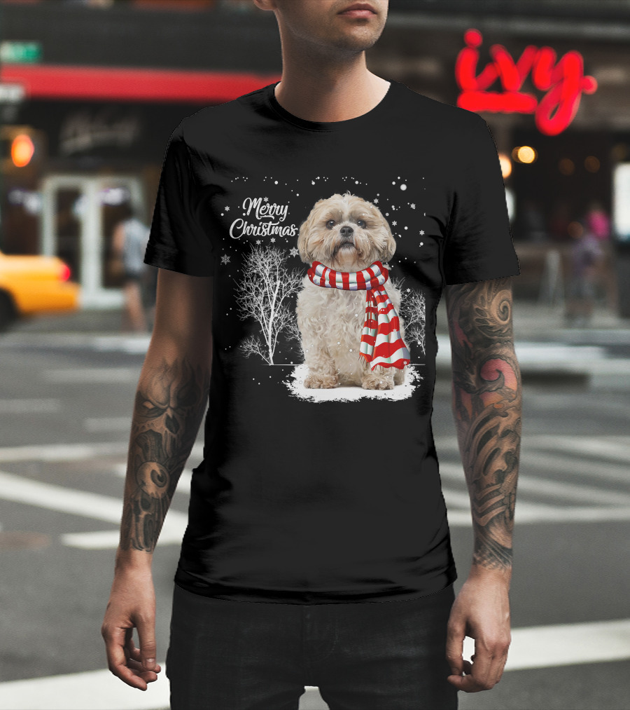 Shih Tzu Christmas Puppy Dog Lover Family Mat With Festive Scarf Snowflakes And Winter Trees T-Shirt