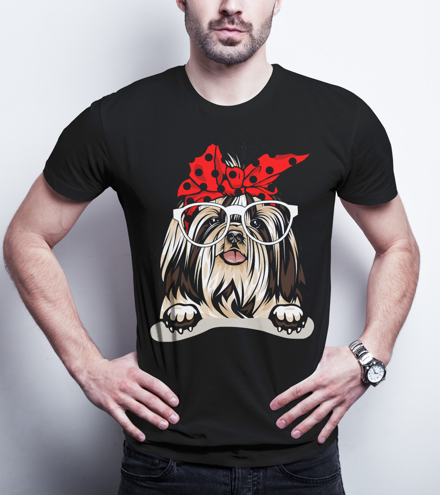 Shih Tzu Christmas Red Plaid Headband Glasses T-Shirt