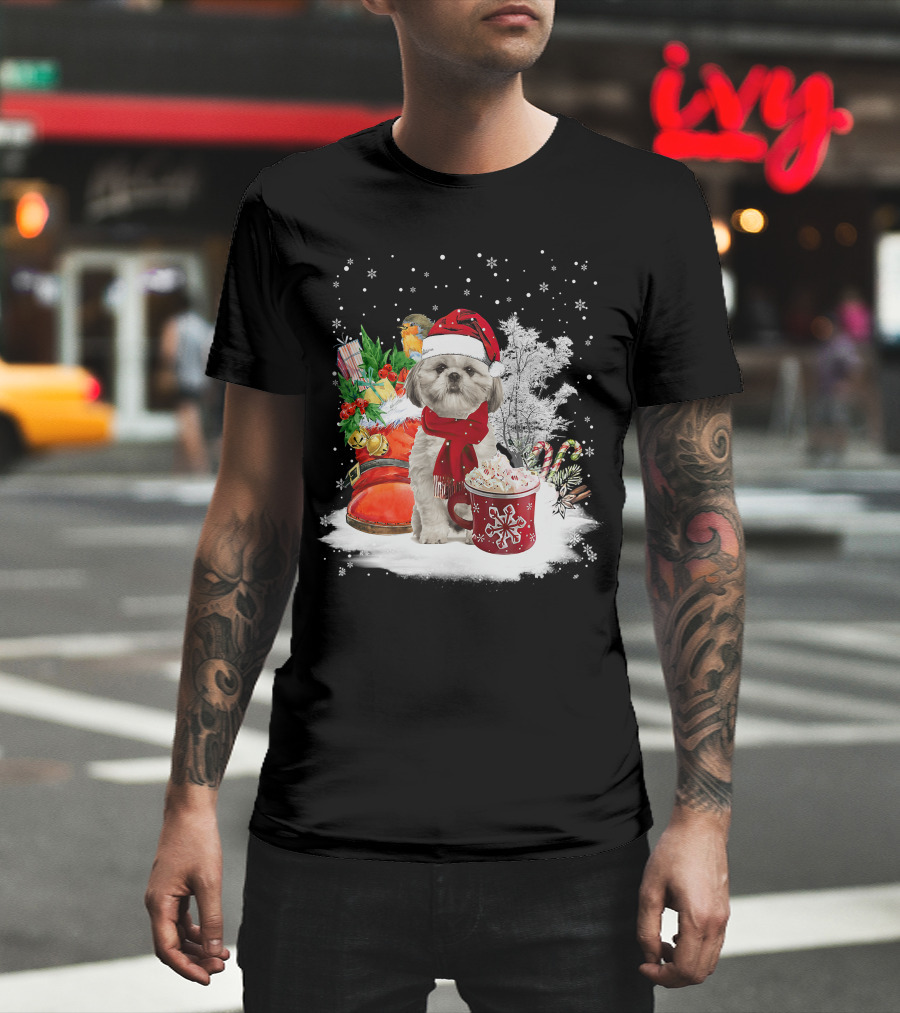 Shih Tzu Dog Santa Hat Hot Cocoa Christmas Scene T-Shirt