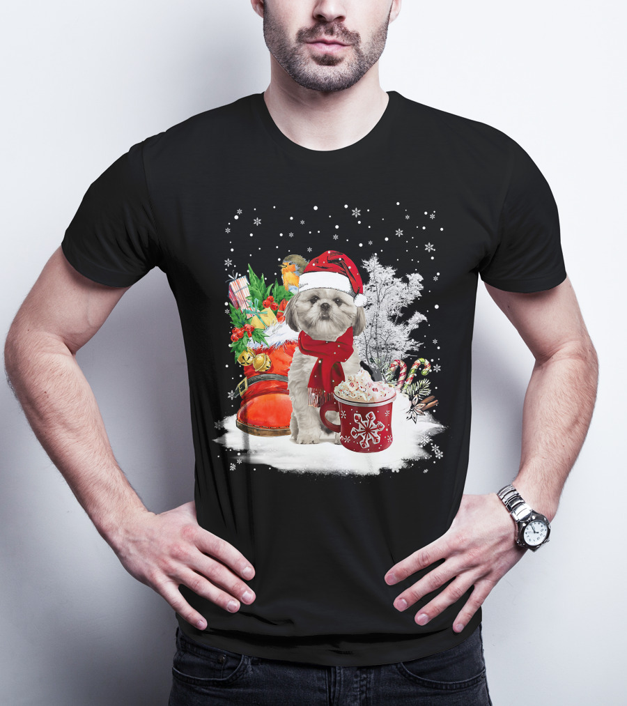 Shih Tzu Dog Santa Hat Hot Cocoa Christmas Scene T-Shirt