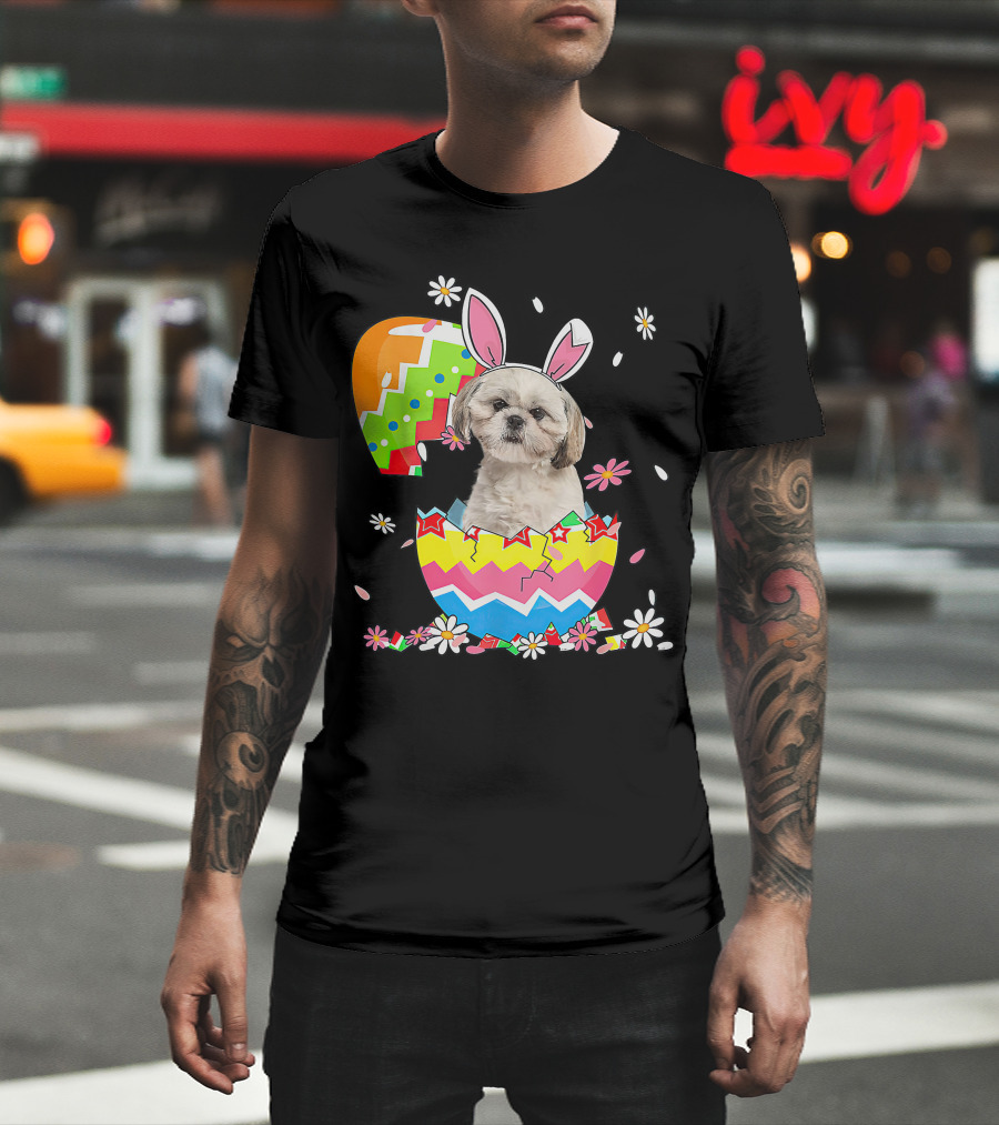 Shih Tzu Dog In Colorful Easter Egg With Bunny Ears And Flowers T-Shirt