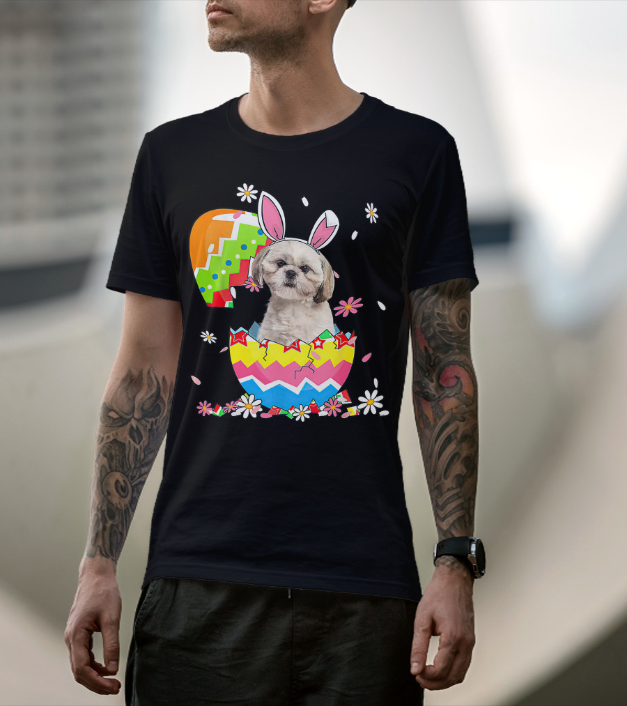 Shih Tzu Dog In Colorful Easter Egg With Bunny Ears And Flowers T-Shirt