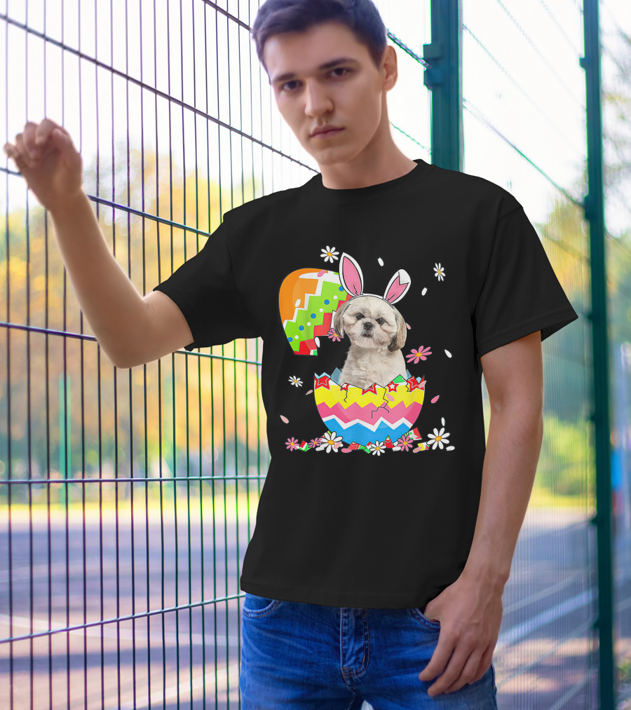 Shih Tzu Dog In Colorful Easter Egg With Bunny Ears And Flowers T-Shirt