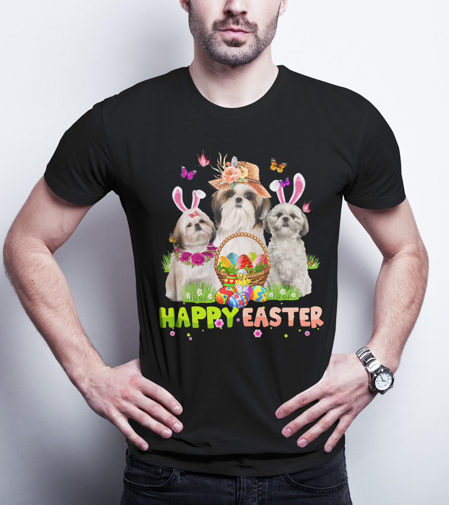 Happy Easter Shih Tzu Bunny Ears Basket Eggs Butterflies Flowers T-Shirt